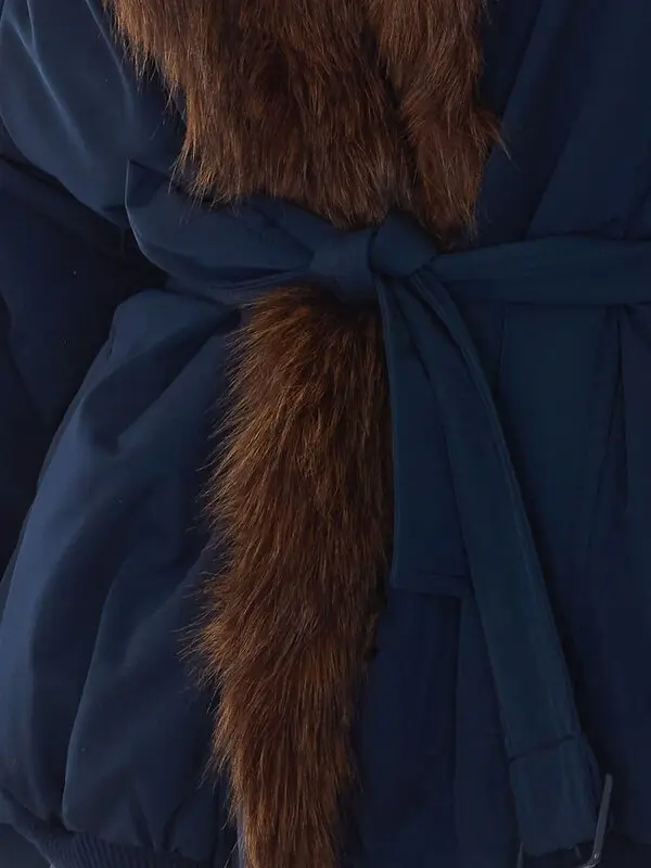 ELEH Short Faux Fur Robe-style Jacket With Belt And Sailor Collar - Blue
