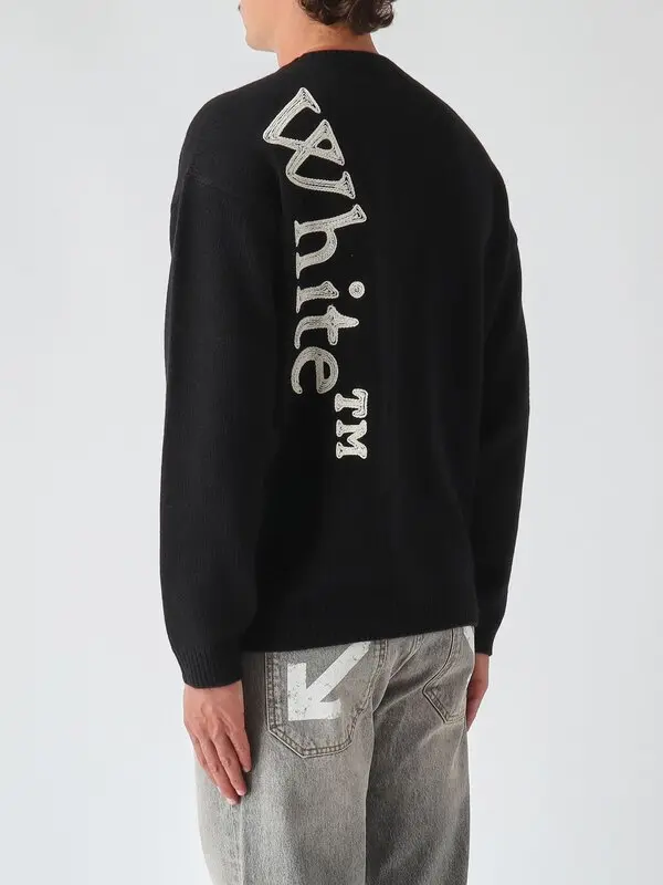 Off-White Wool Blend Crewneck Jumper With Contrast Logo And Dropped Shoulders
