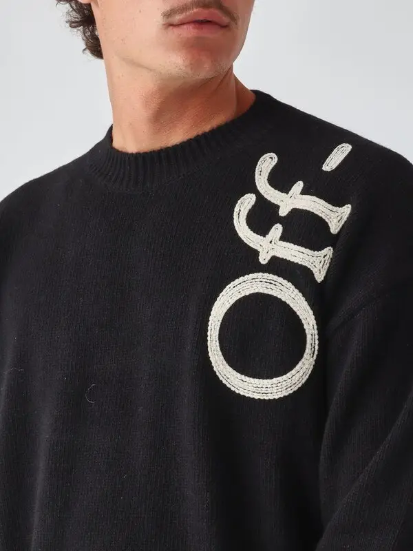 Off-White Wool Blend Crewneck Jumper With Contrast Logo And Dropped Shoulders