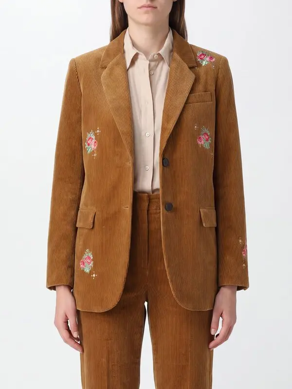 FORTE_FORTE Floral Embroidered Single-breasted Velvet Blazer - Camel