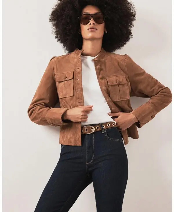 Mint Velvet Suede Peplum Jacket - Tan