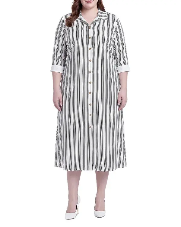 STANDARDS & PRACTICES Plus Striped Button Front Midi Shirt Dress