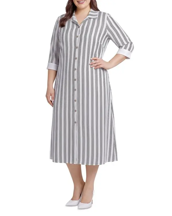 STANDARDS & PRACTICES Plus Striped Button Front Midi Shirt Dress