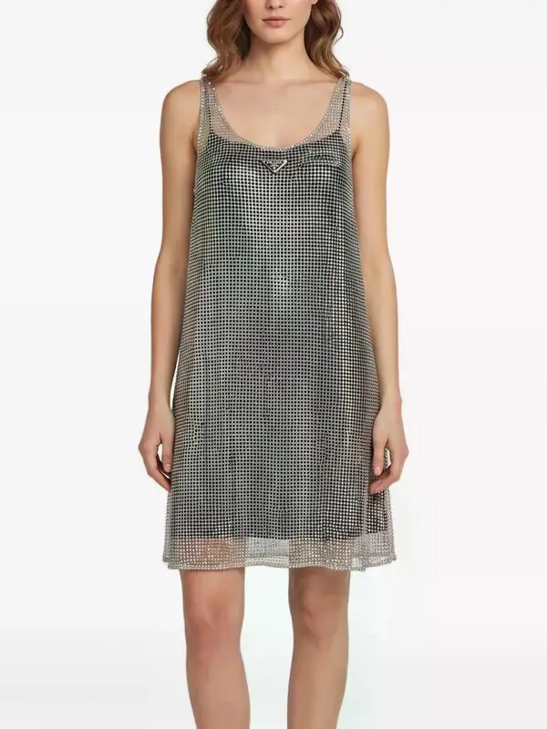 Prada Rhinestone Embellished Mesh Mini Dress - Silver