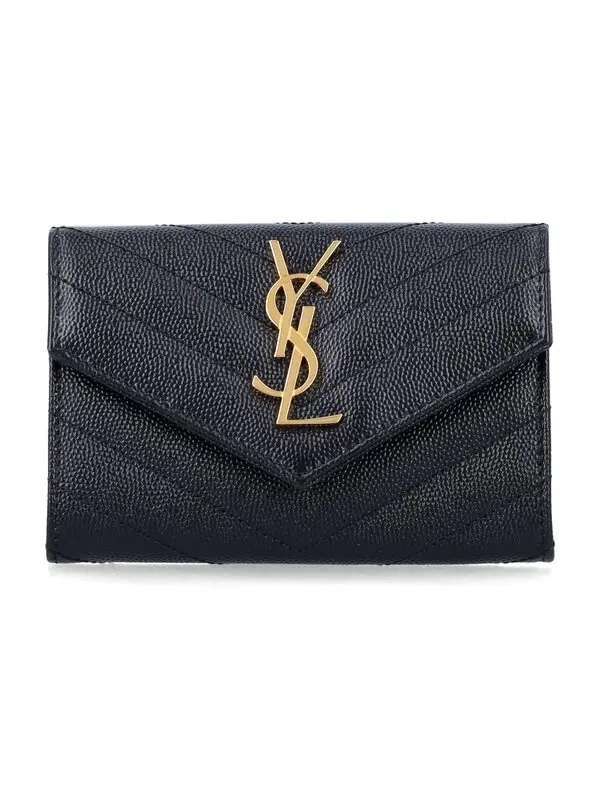 Saint Laurent Cassandre Mini Grained Leather Wallet With Chevron Quilting - Nero