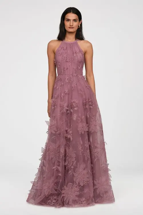 Theia Lux Floral Embroidered Gown