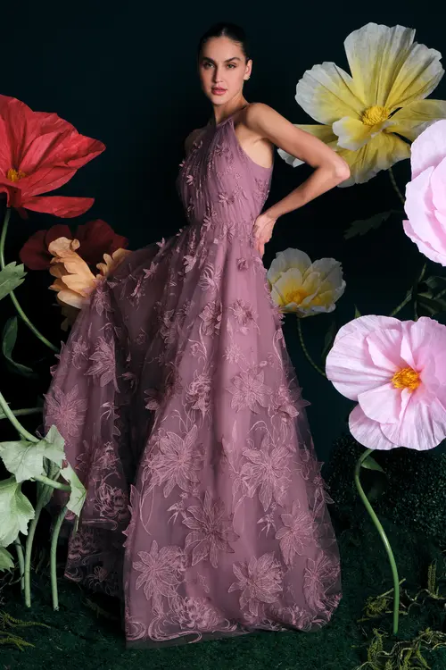 Theia Lux Floral Embroidered Gown