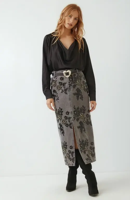 Karen Kane Sequin Floral Front Slit Denim Midi Skirt