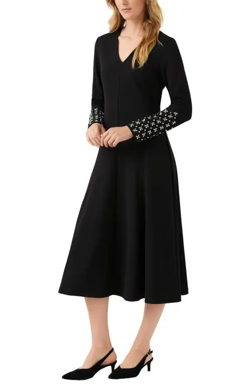 Karen Kane Beaded Long Sleeve V-neck Midi Dress