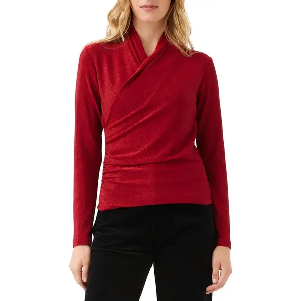 Karen Kane Crossover Side Shirred Metallic Knit Top - Red