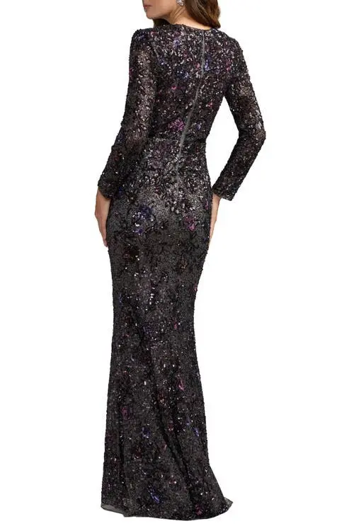 Mac Duggal Floral Embellished Long Sleeve Evening Gown