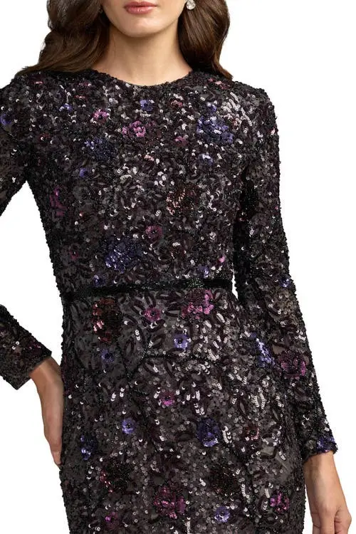Mac Duggal Floral Embellished Long Sleeve Evening Gown