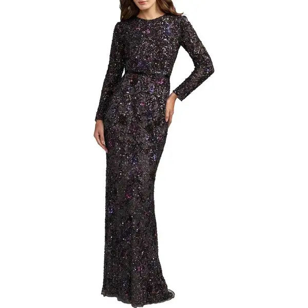 Mac Duggal Floral Embellished Long Sleeve Evening Gown - Plum