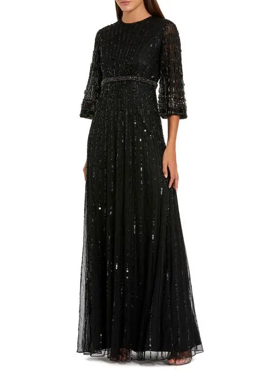 Mac Duggal Petite High Neck Embellished Gown With 3/4 Sleeves
