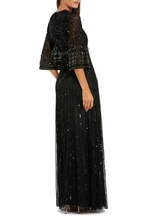 Mac Duggal Petite High Neck Embellished Gown With 3/4 Sleeves