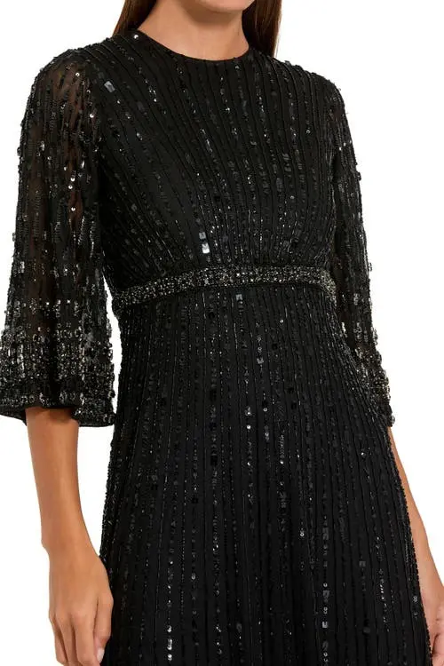 Mac Duggal Petite High Neck Embellished Gown With 3/4 Sleeves