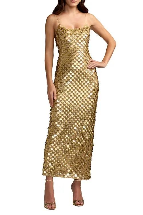 Mac Duggal Paillette Mesh Spaghetti Strap Column Ankle Dress