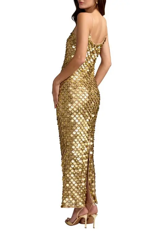 Mac Duggal Paillette Mesh Spaghetti Strap Column Ankle Dress