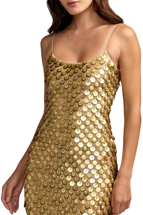 Mac Duggal Paillette Mesh Spaghetti Strap Column Ankle Dress