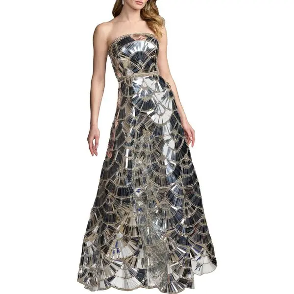 Mac Duggal Strapless Beaded Scallop Mirrored Ballgown