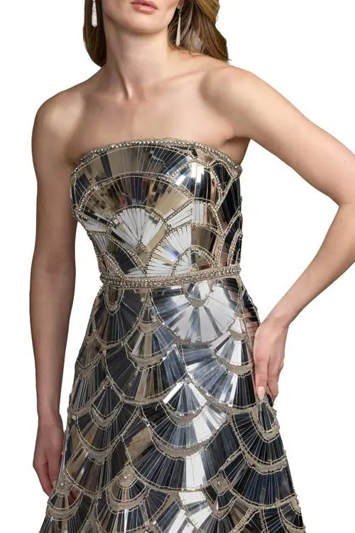 Mac Duggal Strapless Beaded Scallop Mirrored Ballgown