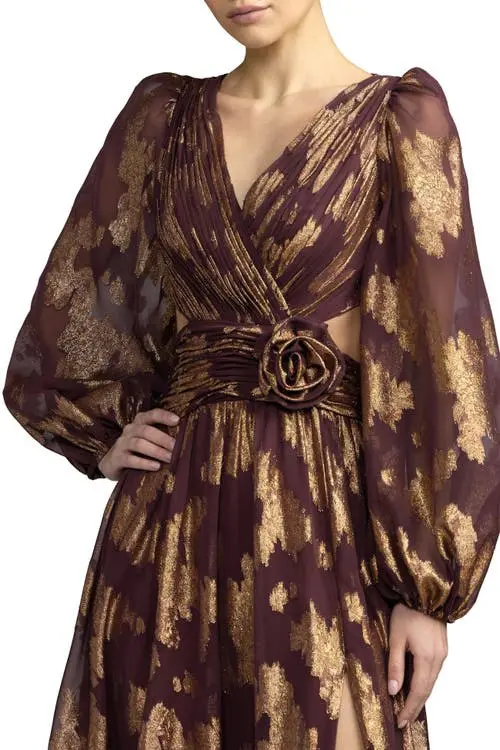Mac Duggal Burnout Chiffon Bishop Sleeve V Neck A Line Gown