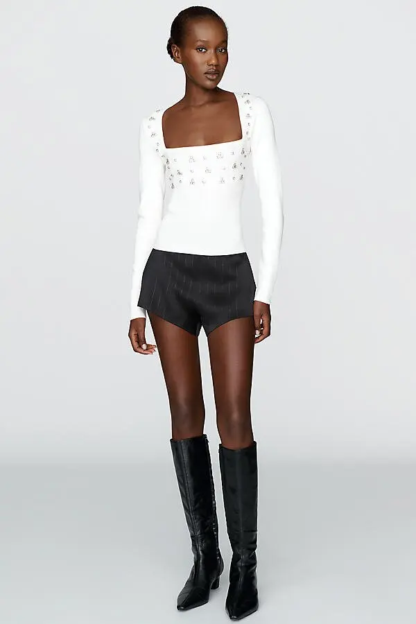 Anthropologie Maeve Embellished Square Neck Sweater - Ivory