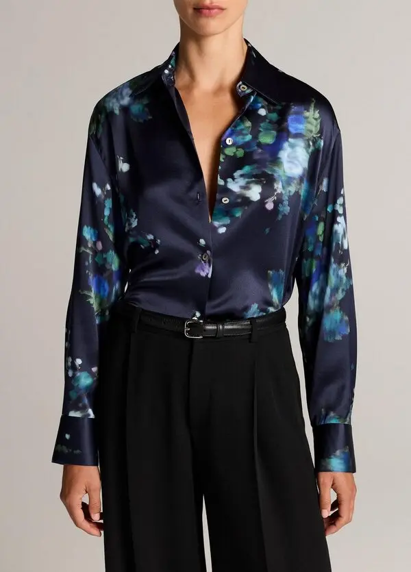 Vince Midnight Garden Silk Relaxed Button-front Shirt