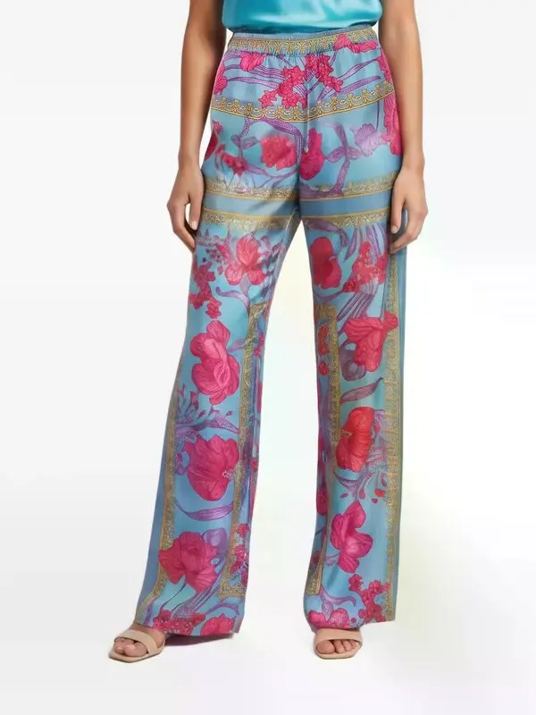 Versace Floral-print Silk Wide-leg Trousers