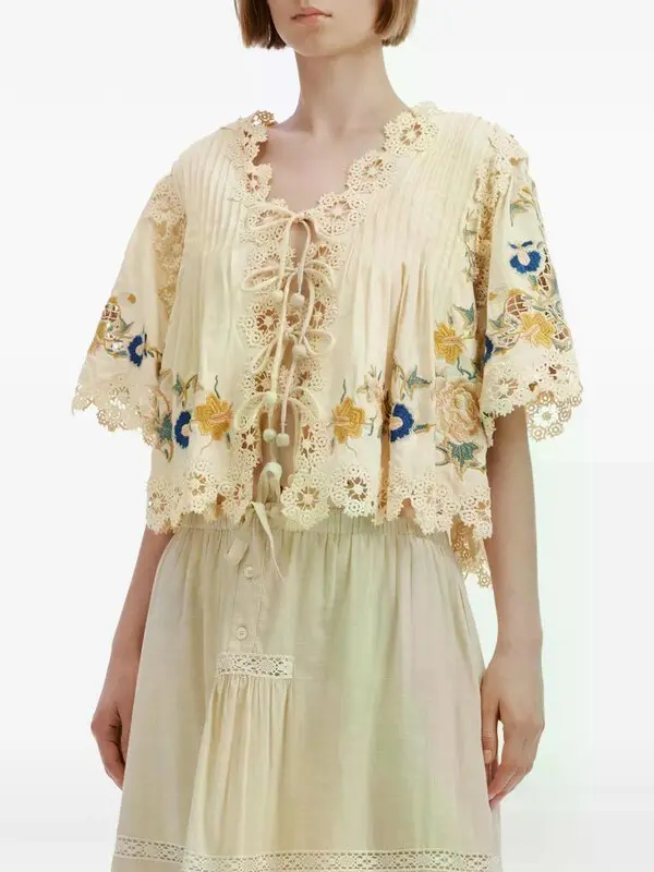 Sea Adonna Floral-embroidered Lace-trim Top