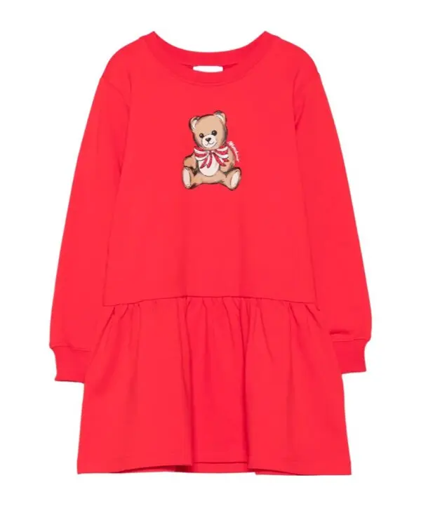 Moschino モスキーノ キッズ テディ プリント ロングスリーブ ドレス - Red