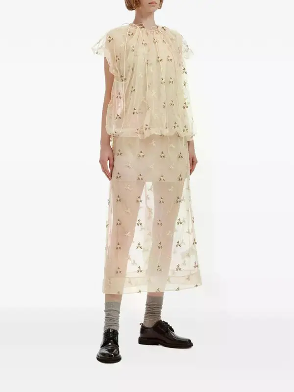 Simone Rocha Ripple Floral-embroidered Tulle Midi Skirt
