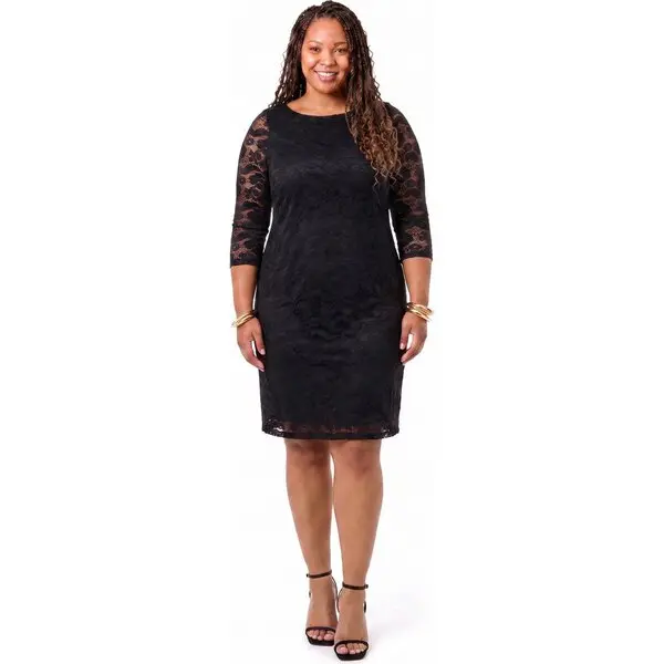 24SEVEN COMFORT APPAREL 24seven Comfort Elevate Curvy Elegant Floral Lace Three-quarter Sleeve Dress - Black