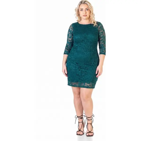 24SEVEN COMFORT APPAREL 24seven Comfort Elevate Curvy Elegant Floral Lace Three-quarter Sleeve Dress - Emerald