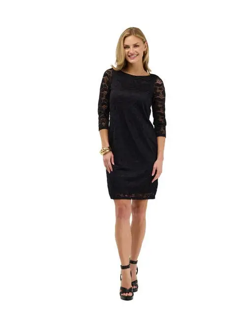 24SEVEN COMFORT APPAREL Elevate Elegant Lace Three-quarter Sleeve Dress - Black