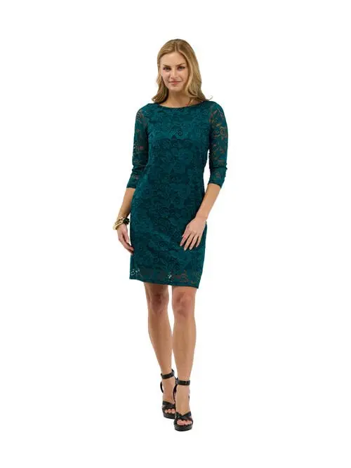 24SEVEN COMFORT APPAREL Elevate Elegant Lace Three-quarter Sleeve Dress - Emerald