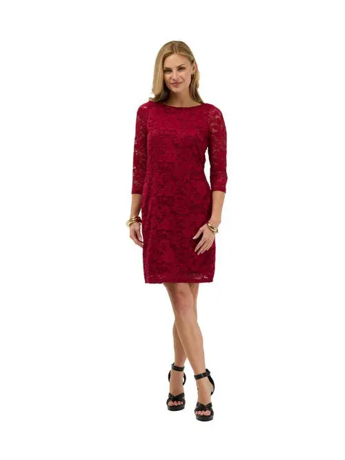 24SEVEN COMFORT APPAREL Elevate Elegant Lace Three-quarter Sleeve Dress - Wine