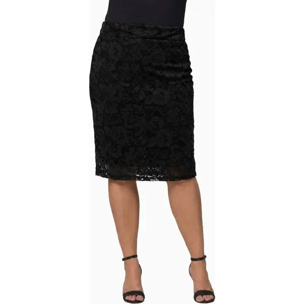 24SEVEN COMFORT APPAREL 24seven Comfort Elevate Curvy Lace Elastic Waist And Knee Length Pencil Skirt - Black
