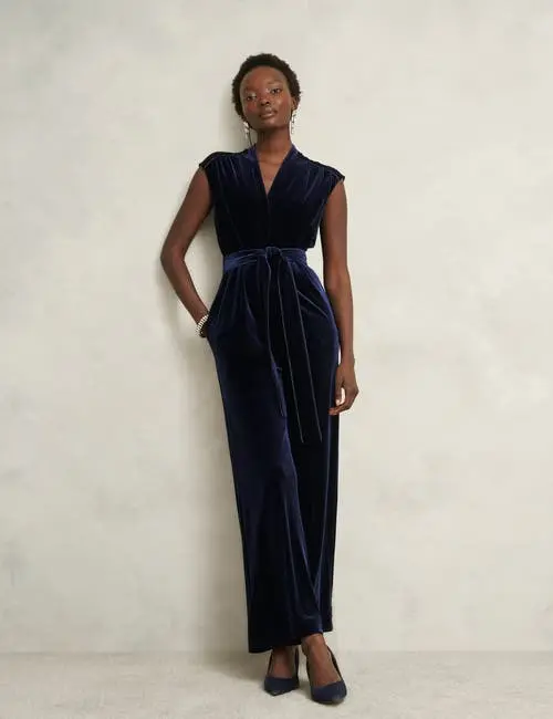 HOBBS LONDON V-neck Tie Waist Cap Sleeve Jumpsuit - Midnightnavy