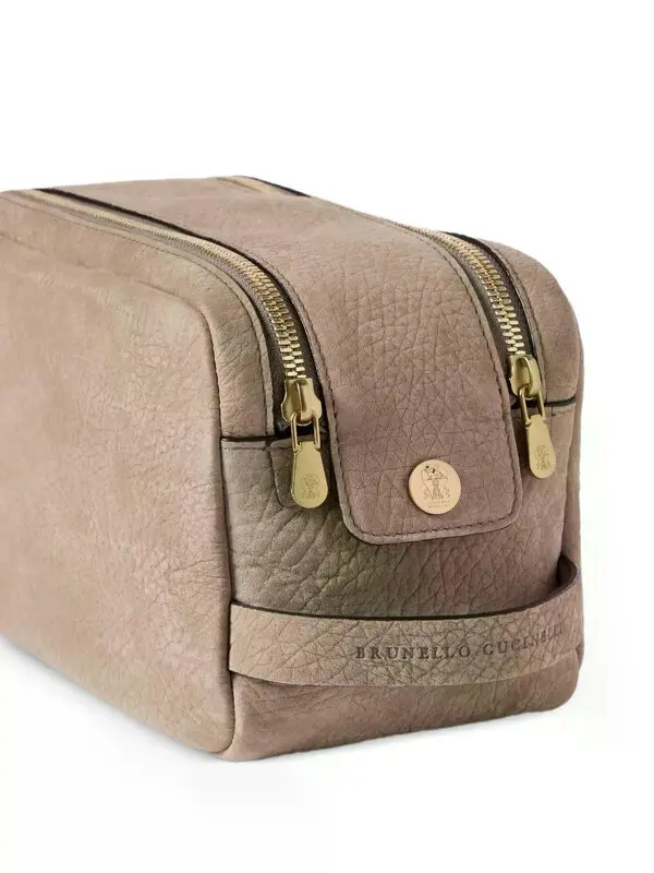Brunello Cucinelli Textured Nubuck Beauty Case With Double Zipper - Neutrals