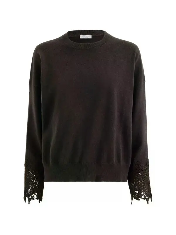 Brunello Cucinelli Cashmere Sweater With Wispy Lace Cuffs - Brown