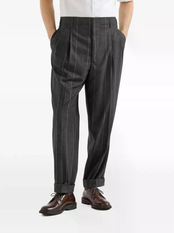 Brunello Cucinelli Wool, Silk And Cashmere Chalk Stripe Flannel Trousers With Double Pleats