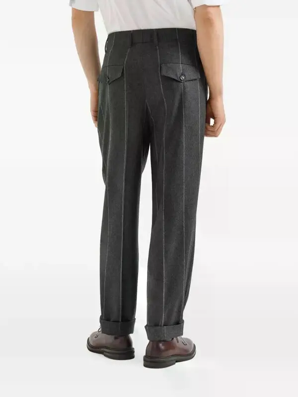 Brunello Cucinelli Wool, Silk And Cashmere Chalk Stripe Flannel Trousers With Double Pleats