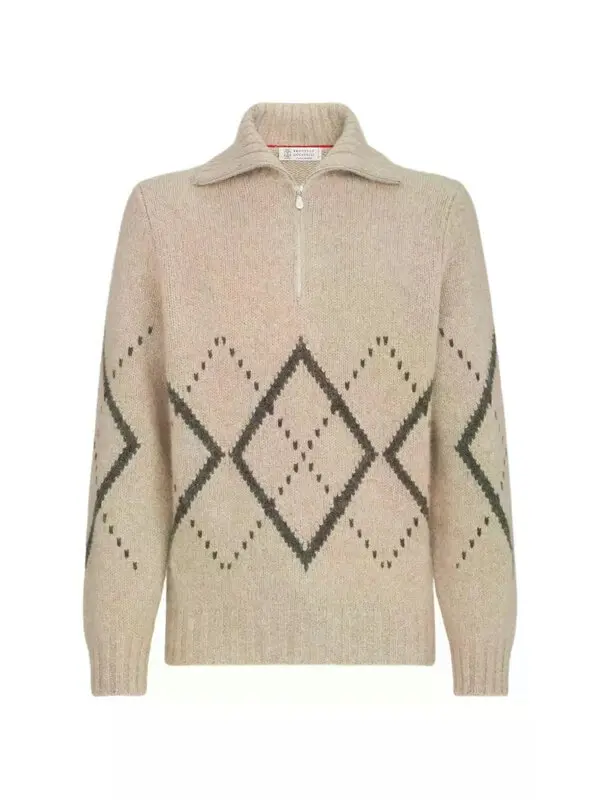 Brunello Cucinelli Cashmere Sweater With Argyle Intarsia And Half Zip - Neutrals