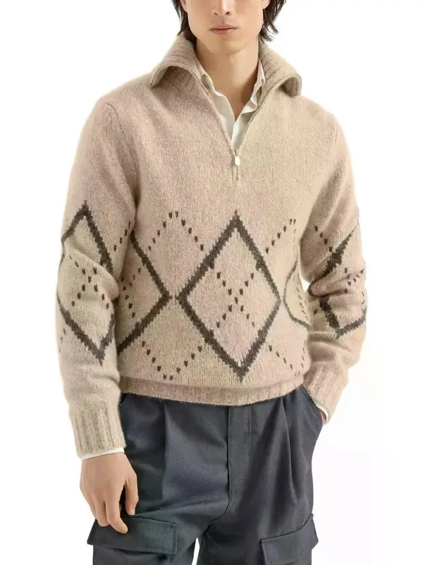 Brunello Cucinelli Cashmere Sweater With Argyle Intarsia And Half Zip