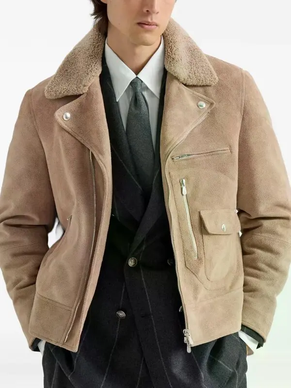 Brunello Cucinelli Suede Biker Jacket With Thermore® Padding And Detachable Shearling Collar