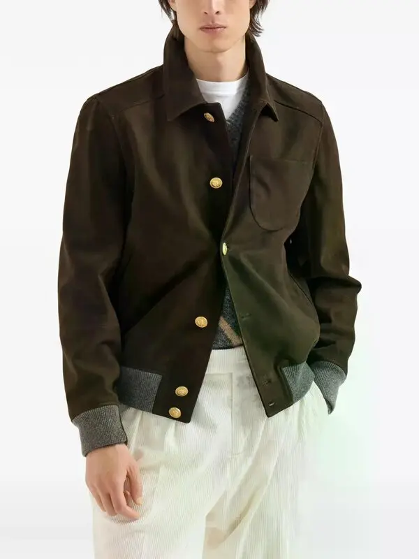 Brunello Cucinelli Nubuck Shirt-style Bomber Jacket With Cashmere Inserts And Metal Buttons - Brown