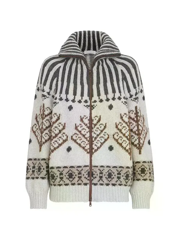Brunello Cucinelli Cashmere And Mohair Nordic Heritage High-neck Cardigan With Zipper - Neutrals