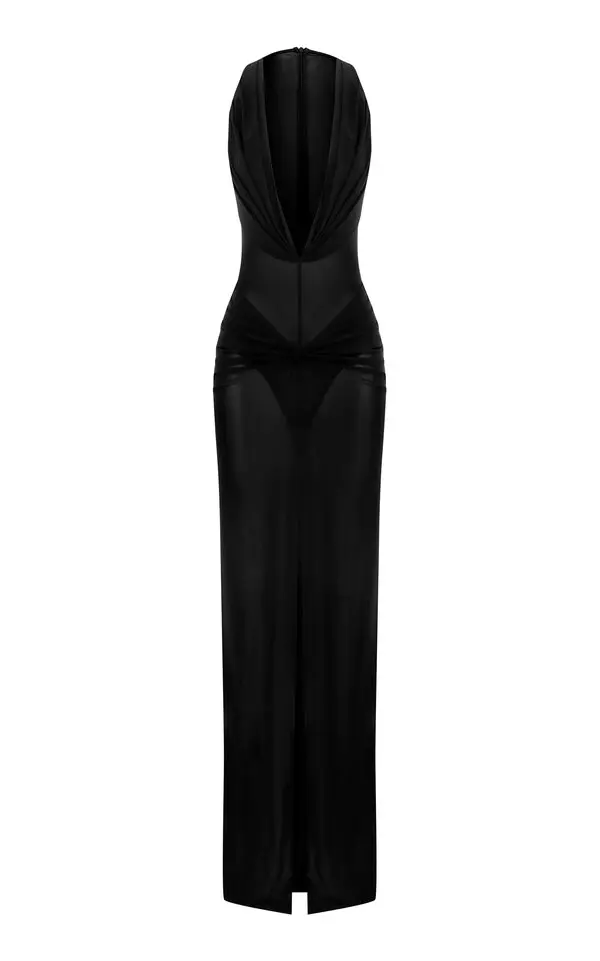 Alex Perry Ruched Halter Powermesh Column Gown