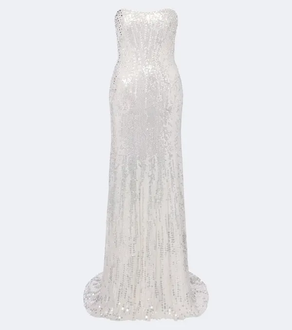 Jenny Packham Floating Heart Sequined Strapless Gown - Silver